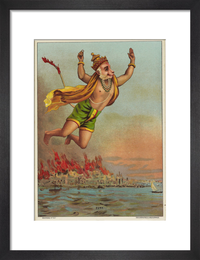 Hanuman, the monkey king, flying with his tail on fire over the burnin ...